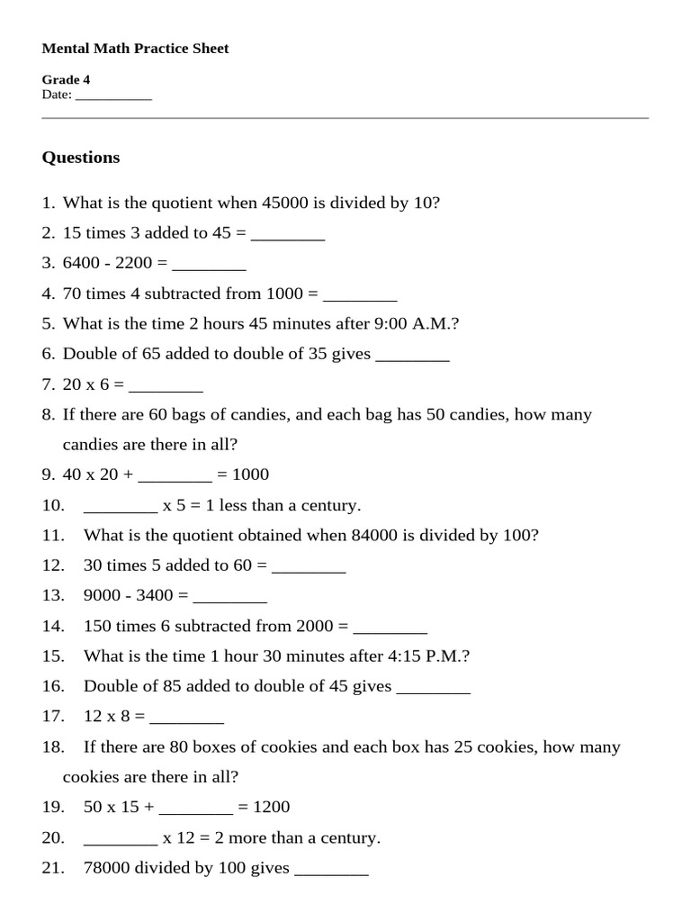Mental Maths Paper | PDF | Arithmetic | Mathematics