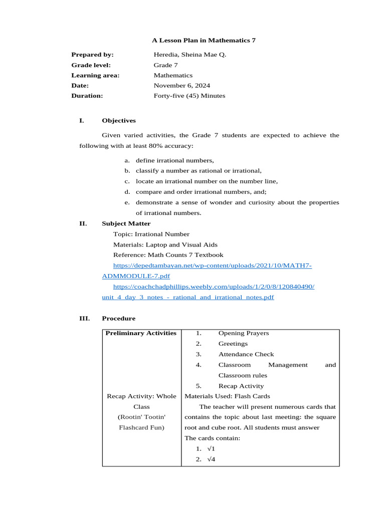 Grade 7 Lesson Plan: Irrational Numbers | PDF | Numbers | Rational Number