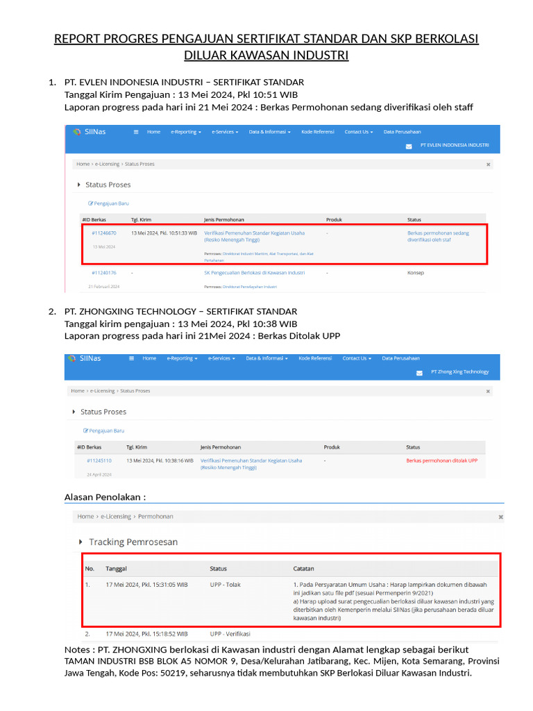 Report Progres Pengajuan Sertifikat Standar Dan SKP Berkolasi Diluar Kawasan Industri | PDF ...