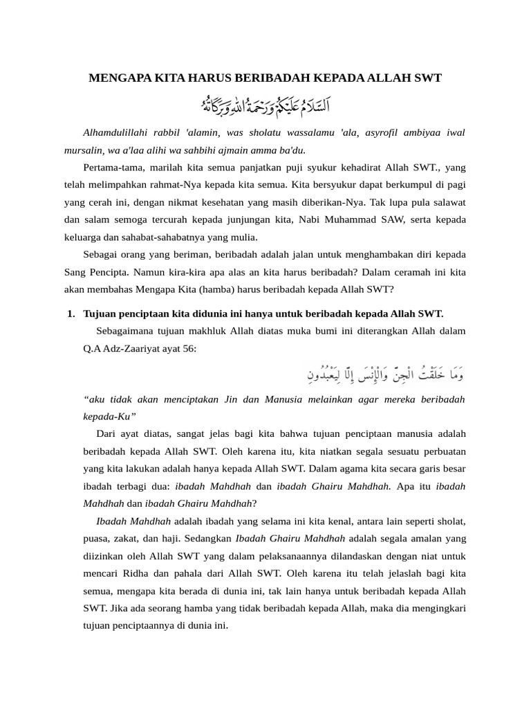 CERAMAH MENGAPA KITA HARUS BERIBADAH KEPADA ALLAH SWT | PDF