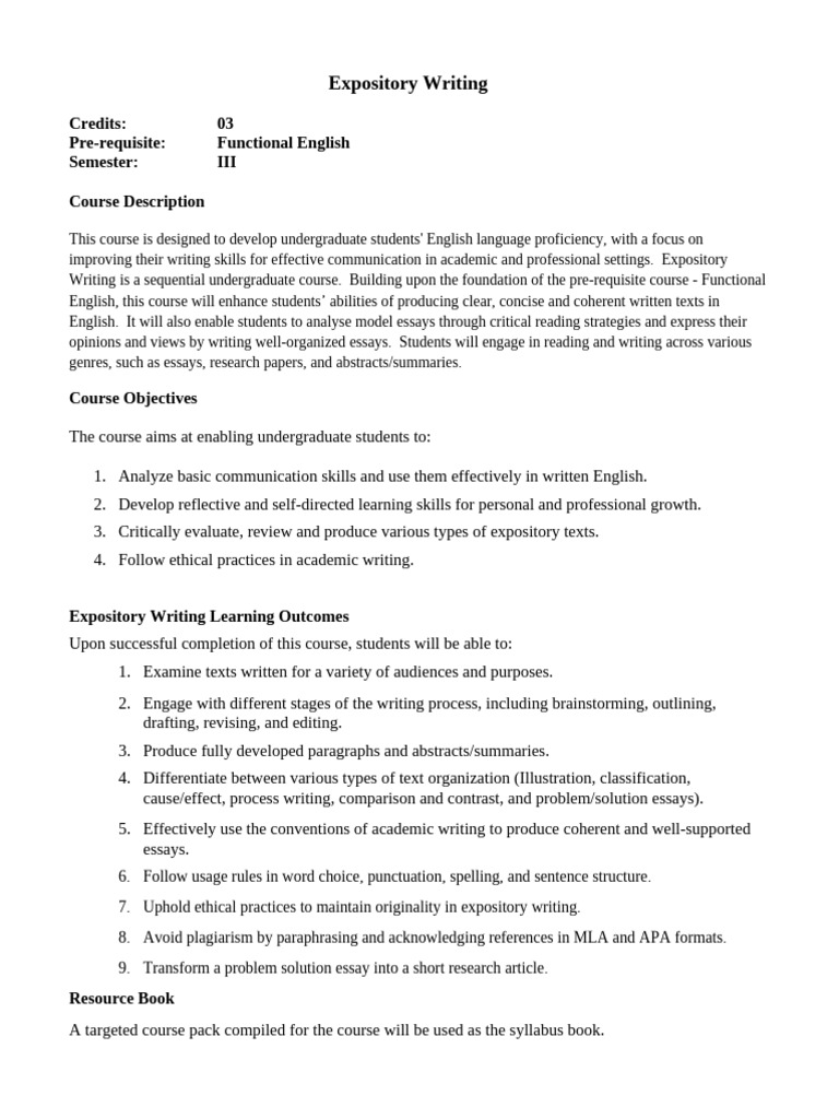 Expository Writing Course Outline and Weekly Plan | PDF | Educational ...