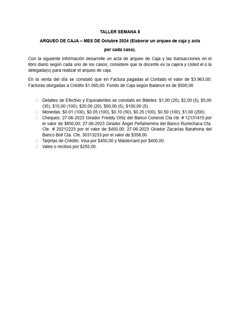 Arqueo de Caja Octubre 2024: Acta y Transacciones | PDF | Finanzas y dinero