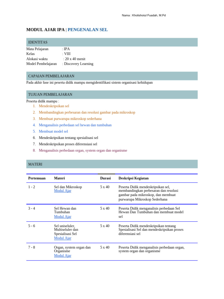 Modul Ajar IPA: Pengenalan Sel Kelas VIII | PDF