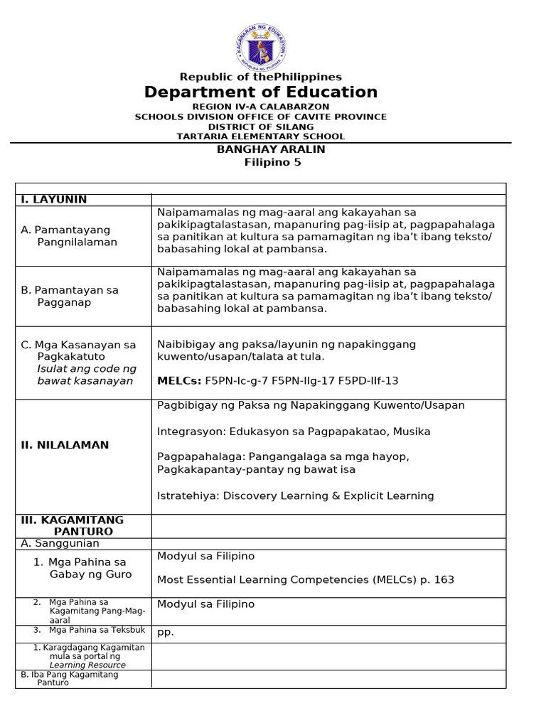 Co Lesson Plan Filipino 5 Quarter 2 | PDF