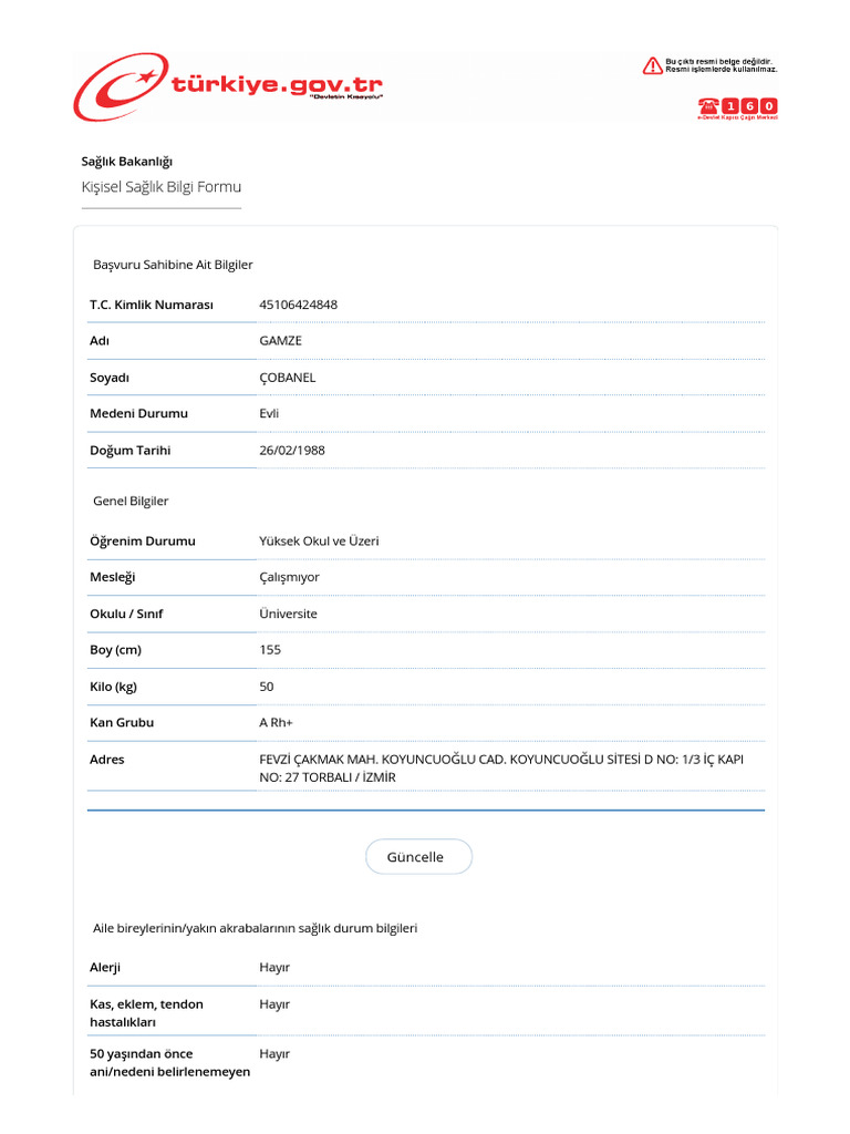 Sağlık Bakanlığı - Kişisel Sağlık Bilgi Formu | PDF
