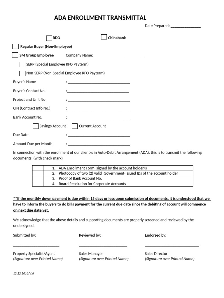 Ada Enrollment Transmittal | PDF | Business | Law