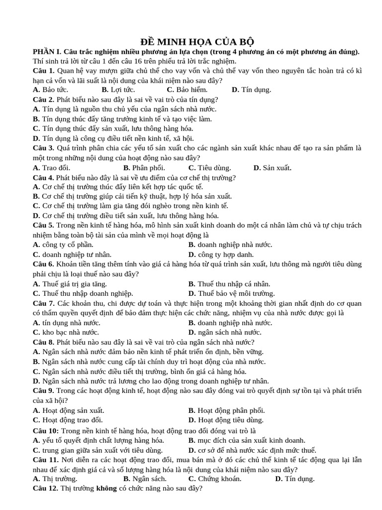 Đề Minh Họa 2025 - Khối 10 - Hki | PDF