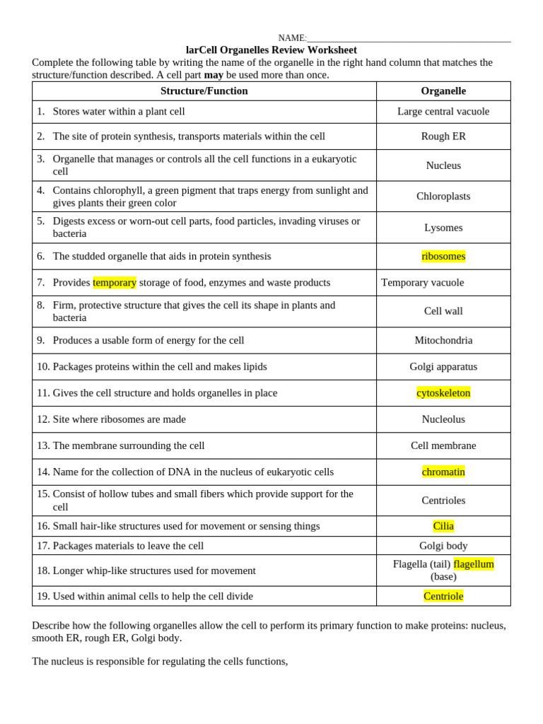 Cell And Its Organelles Worksheet Cells STEM, Free PDF Download