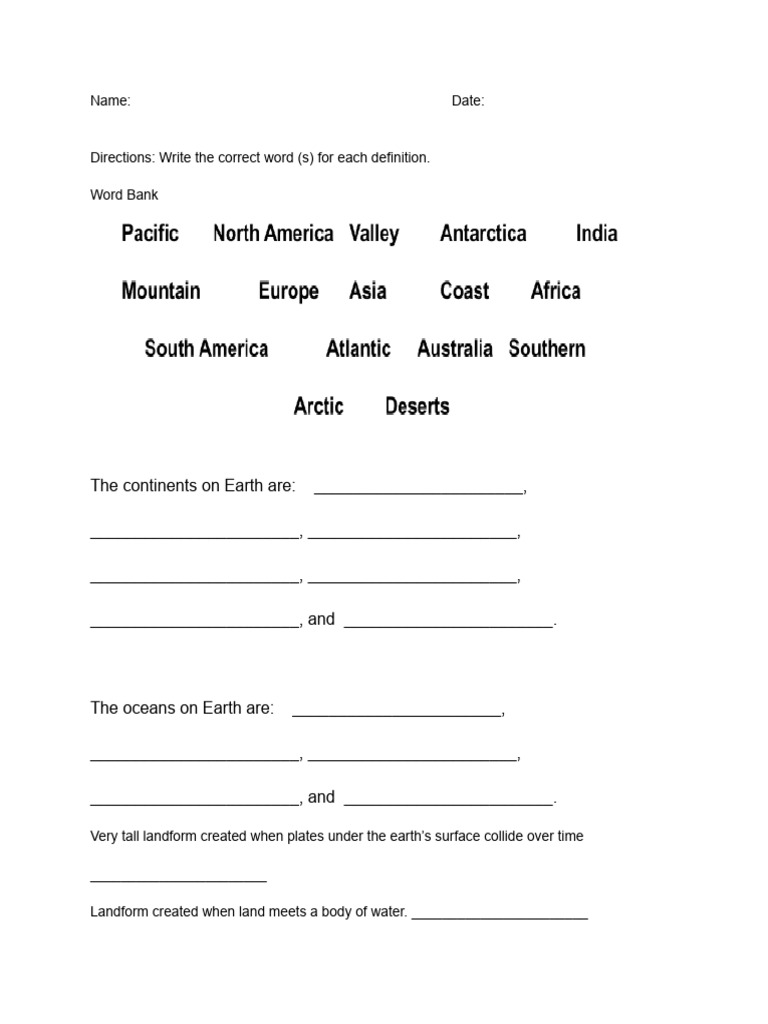 1st Grade Landforms, Continents, and Oceans Assessment | PDF | Foreign ...