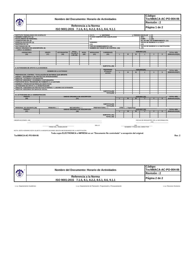 AC-PO-004-06 Formato de Horario Rev2 | PDF