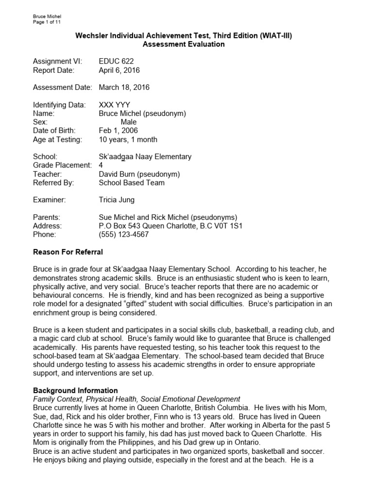 Assessment Report Wechsler Individual Achievement Test | PDF ...