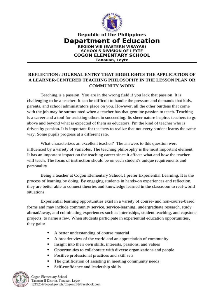 MOV 13 Reflection Journal | PDF | Teachers | Service Learning