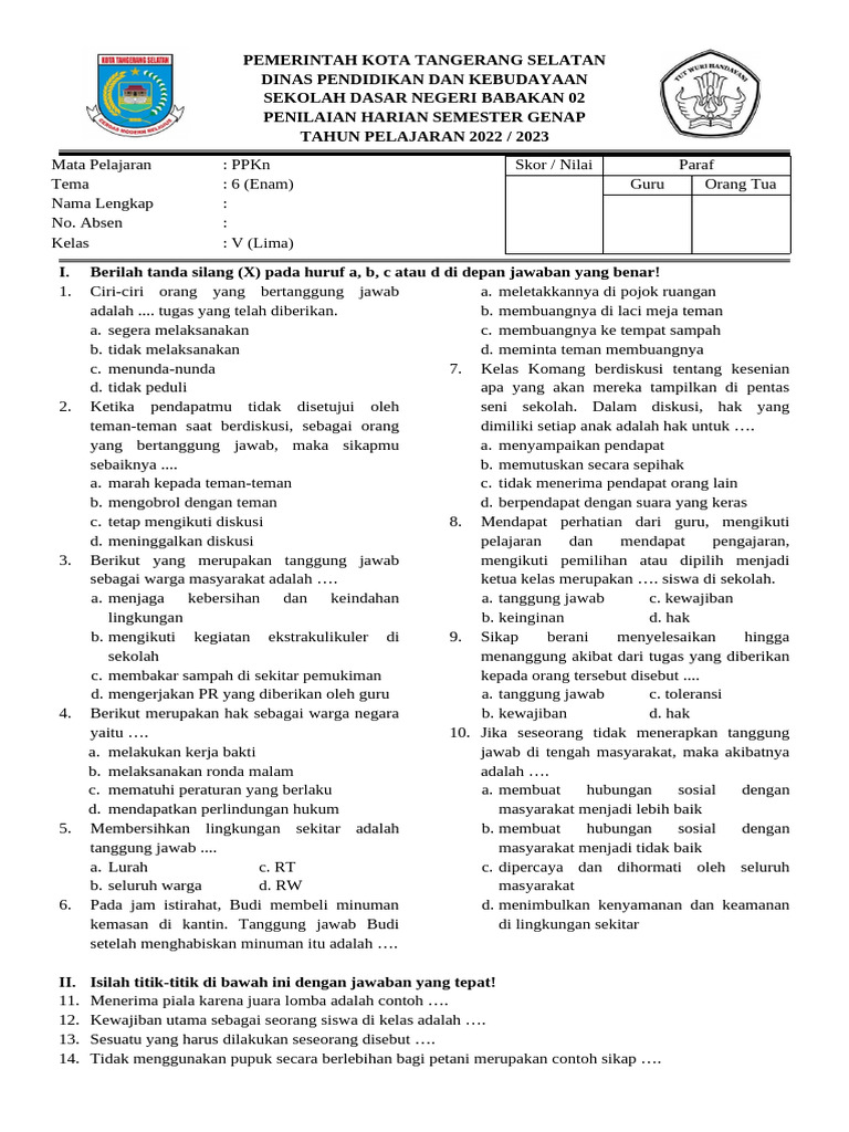 PH PPKN T 6 Kelas V Semester 2 | PDF
