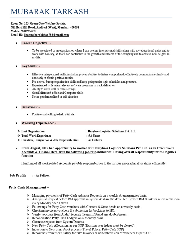 Updated CV - Mubarak Tarkash | PDF | Voucher | Receipt
