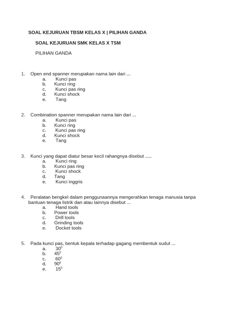 Soal Kejuruan TBSM Kelas X | PDF | Teknologi & Rekayasa
