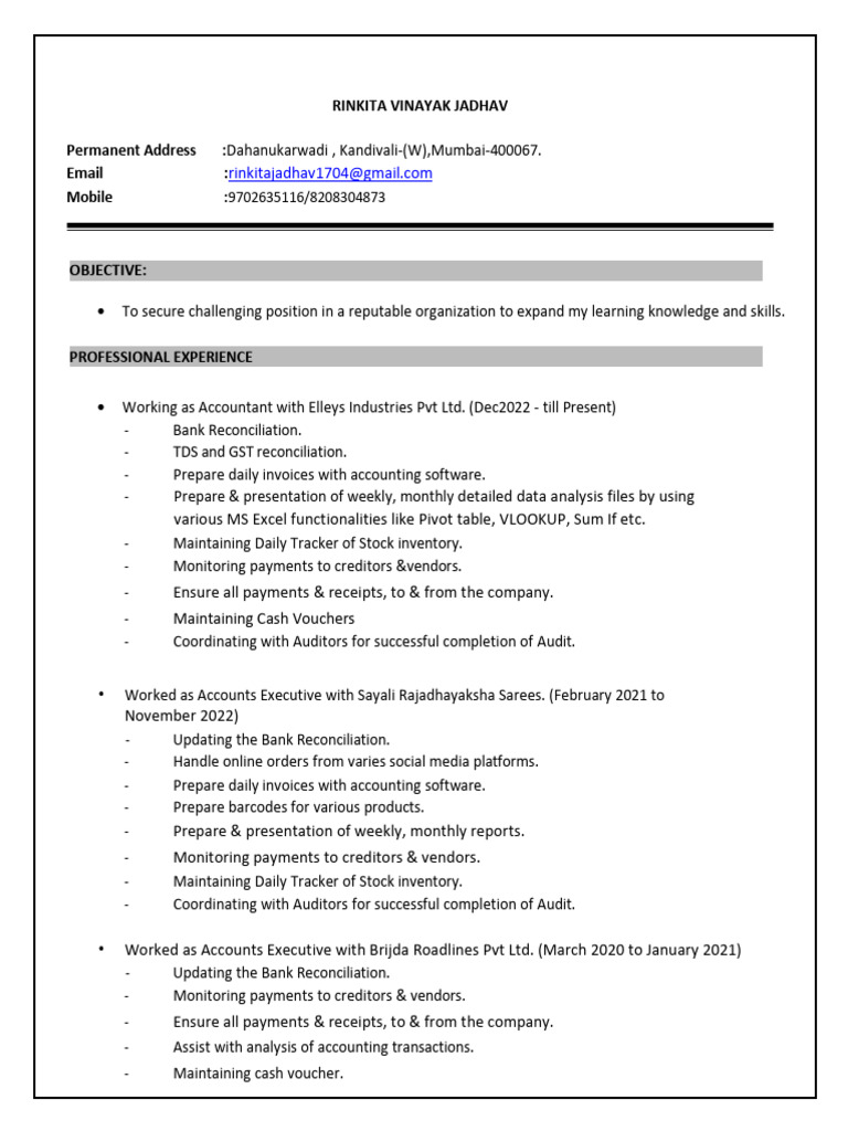 Rinkita Jadhav - Resume | PDF | Receipt | Payments