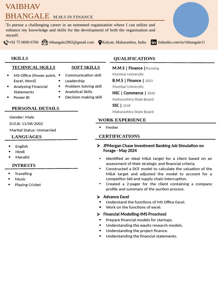Vaibhav Bhangale CV | PDF | Mergers And Acquisitions | Business