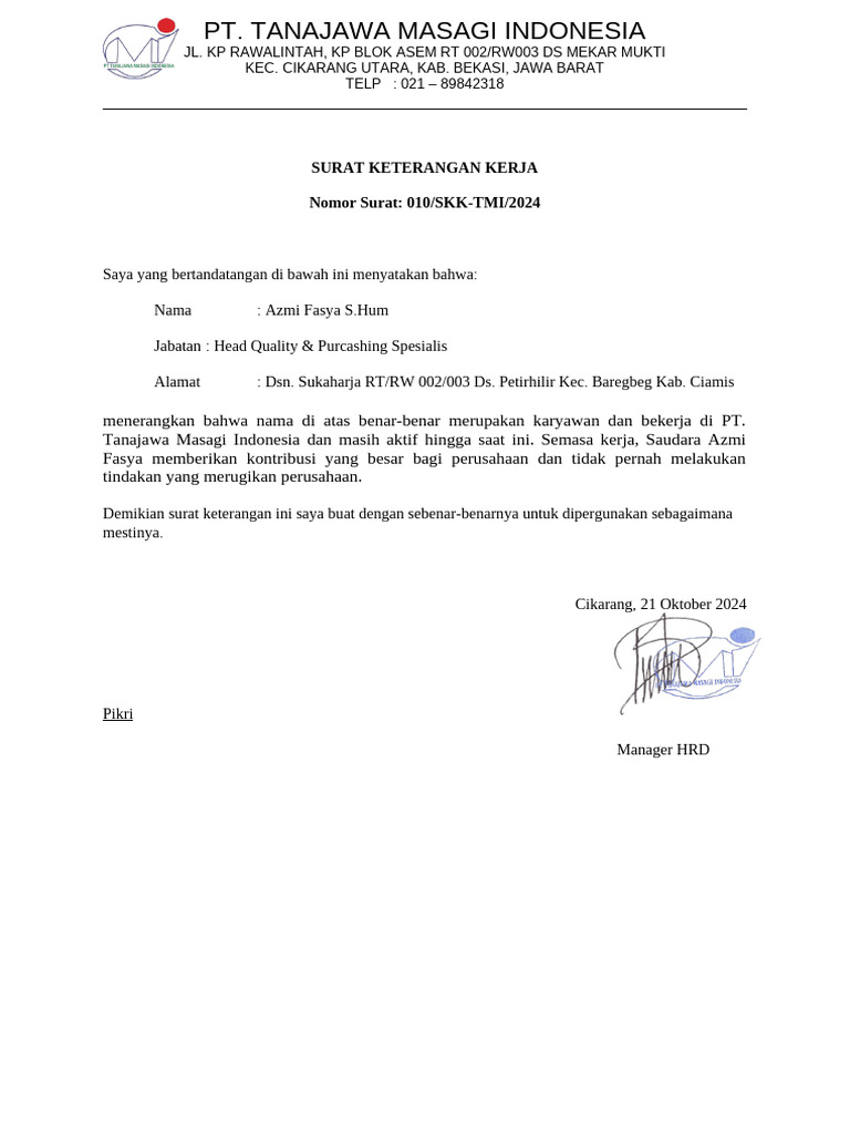 Surat Keterangan Kerja Karyawan PT Tanajawa | PDF