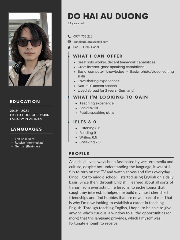 Do Hai Au Duong - CV Teaching Assistant | PDF | Language Arts & Discipline