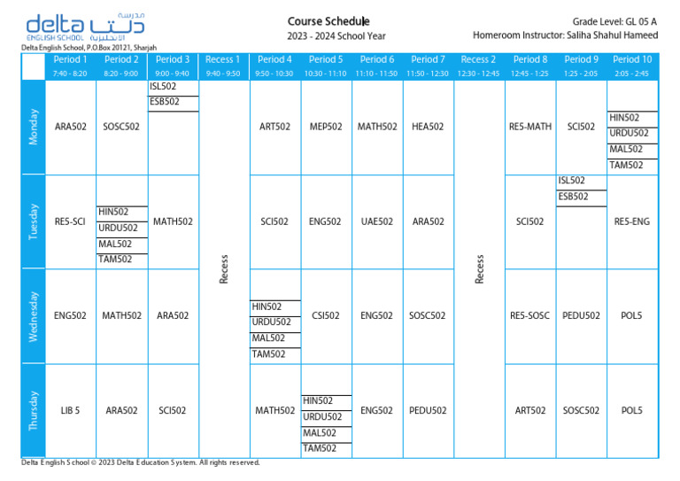 2023-2024 Grade 5 Course Schedule | PDF