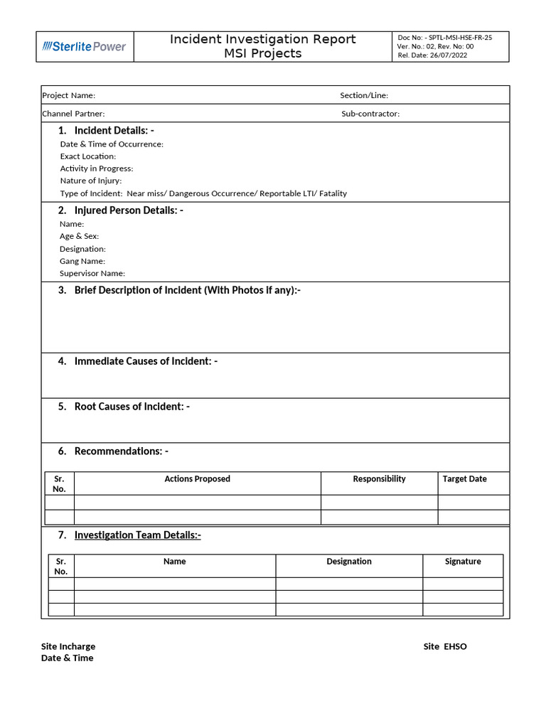 SPTL-MSI-HSE-FR-25-Incident Investigation Report | PDF