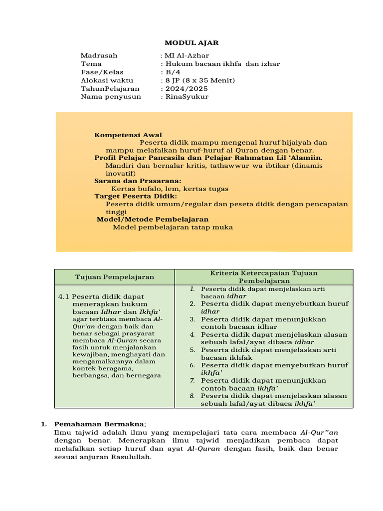 Modul Ajar Al-Qur'an Hadis KLS 4 Hukum Bacaan Ikhfa Dan Idzhar | PDF