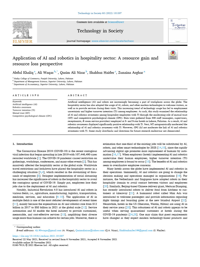 Application of AI and Robotics in Hospitality Sector | PDF | Structural Equation Modeling ...