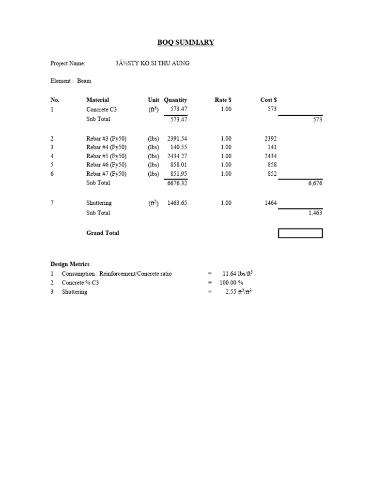 BOQ Summary for 3½ Sty Beam Project | PDF