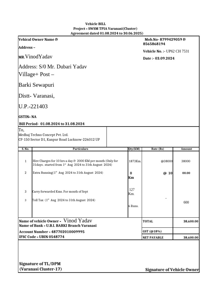 August 2024 - Vehicle Bill - Varanasi | PDF | Economies | Public Finance