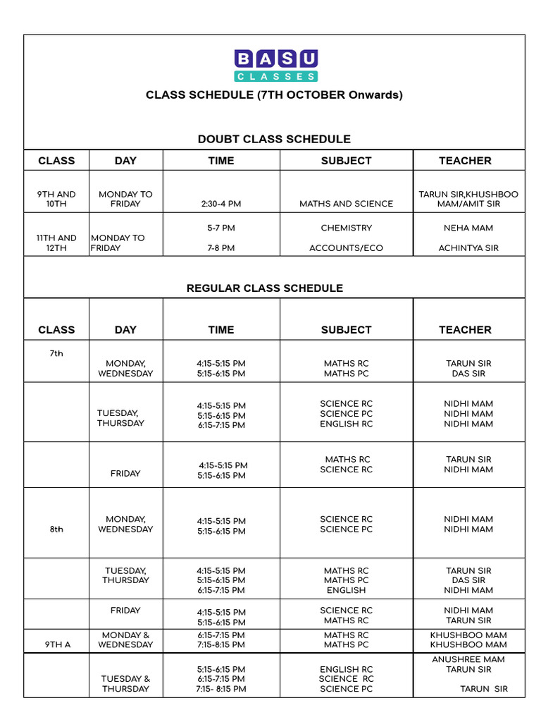Class Schedule from October 7 Onwards | PDF