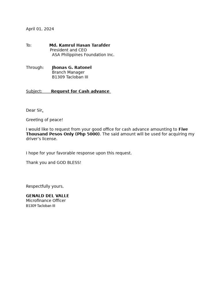 Cash Advance Request for Driver's License | PDF