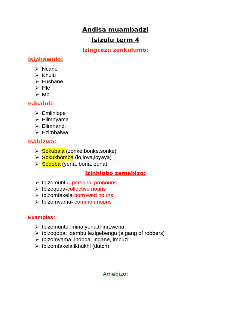 Isizulu Term 4 | PDF