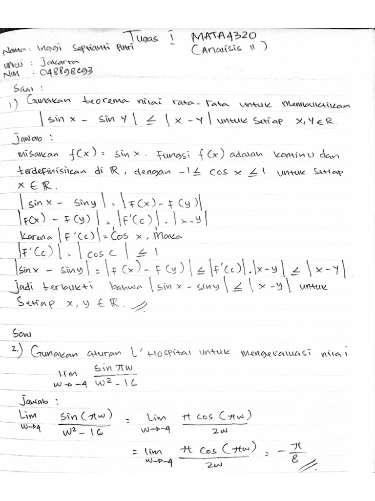 Tugas 1 - MATA4320 Analisis 2 - Inggi Septianti Putri - 048898093 | PDF