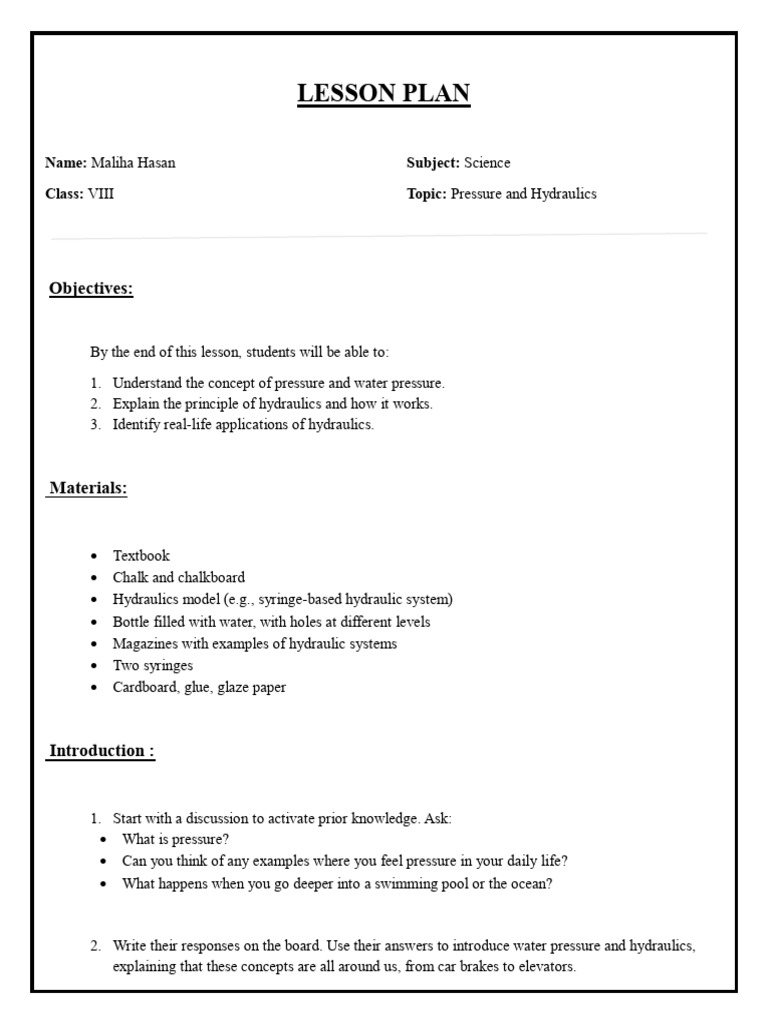 Maliha STEDA Lesson Plans | PDF | Pressure | Water