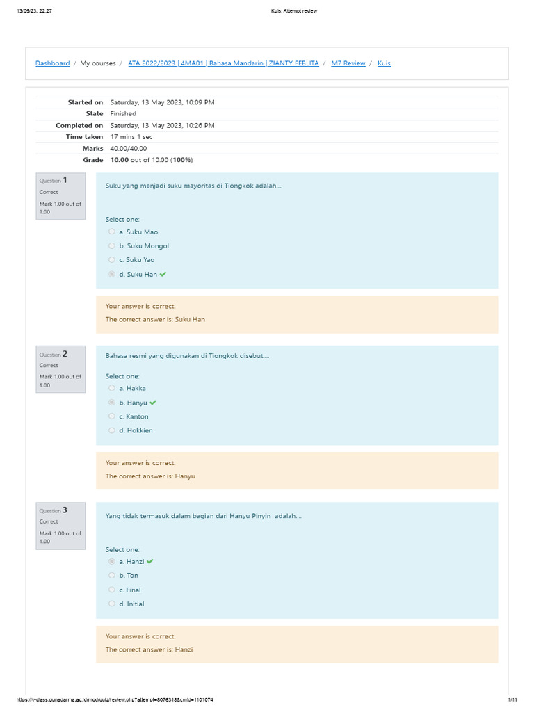 Kuis Bahasa Mandarin M7 | PDF