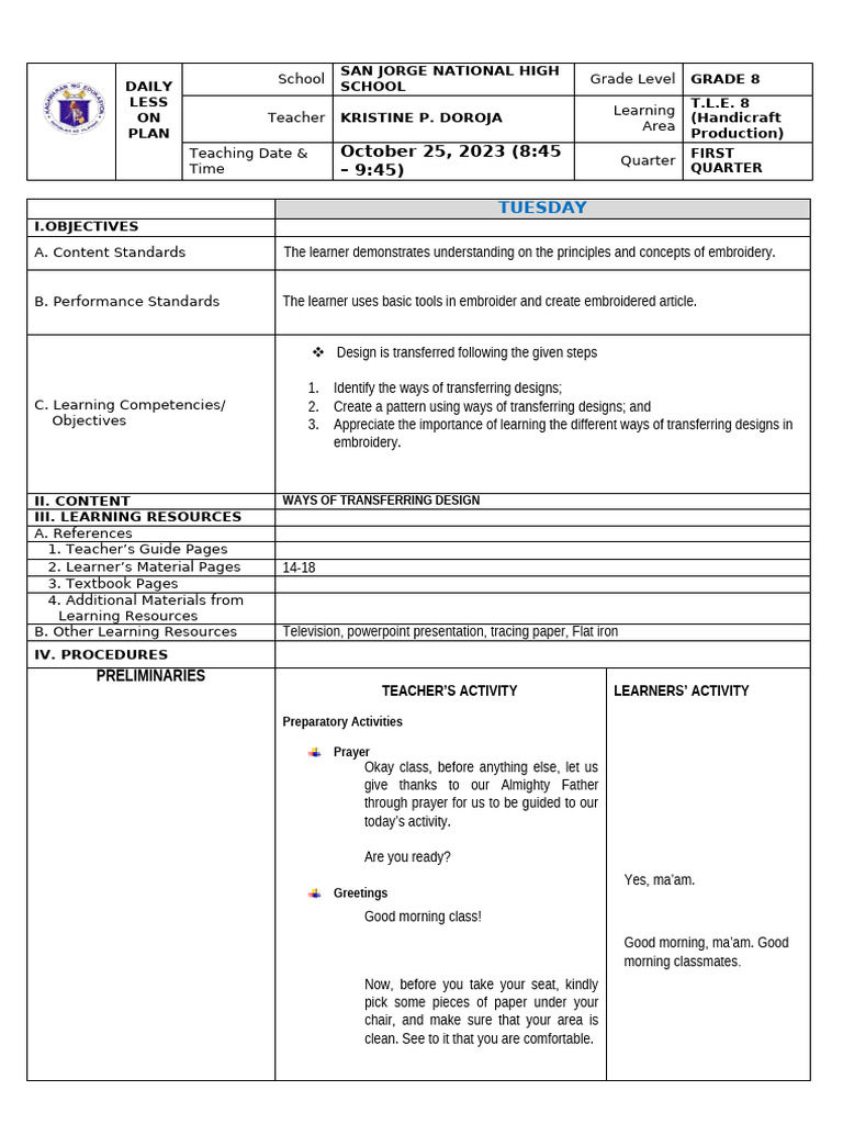 Detailed Lesson Plan | PDF | Learning | Embroidery