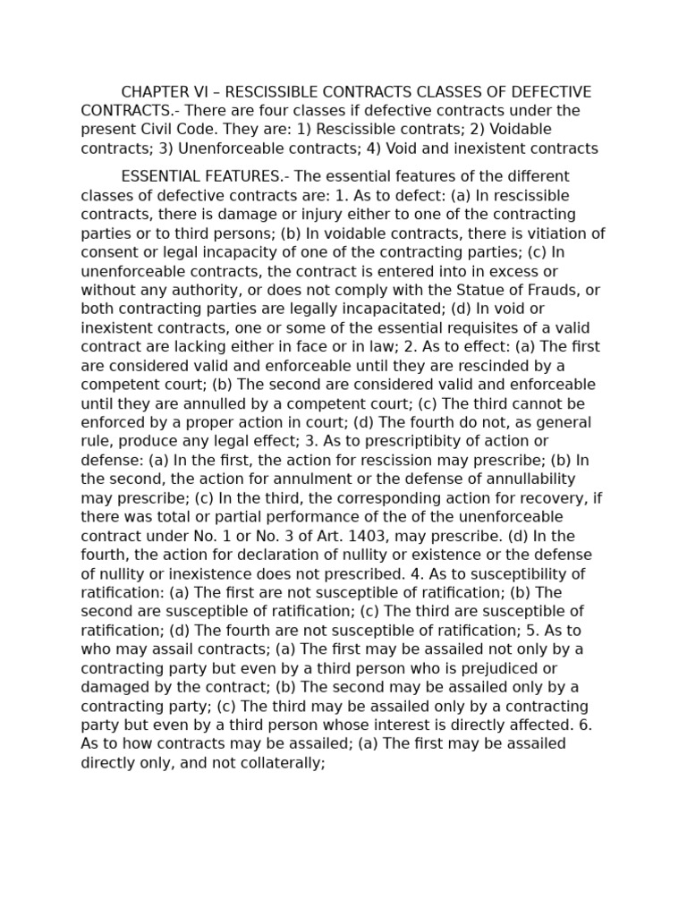 Chapter Vi - Rescissible Contracts Classes of Defective Contracts. | PDF | Annulment | Justice