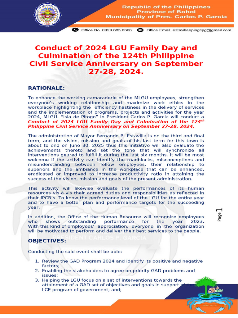 Activity Design For 2024 LGU Family Day and Culmination of The 124th ...