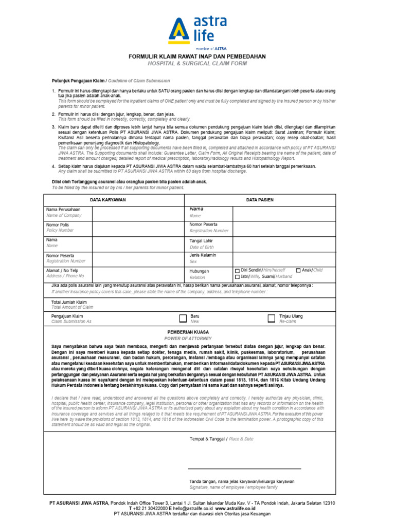 2 Formulir Klaim Rawat Inap Dan Rawat Bedah Formaksi R06 14 LGL Member of Astra - 210716 2 | PDF