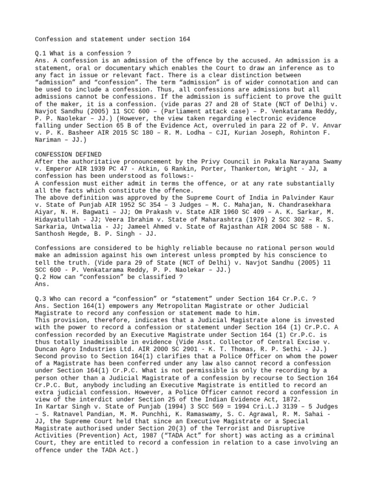 Confession and Statement Under Section 164 CRPC | PDF | Confession (Law ...