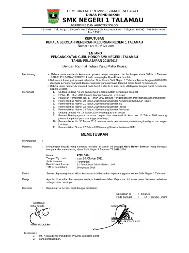 SK GURU HONOR TP.2018-2019 PERI, S.PD | PDF