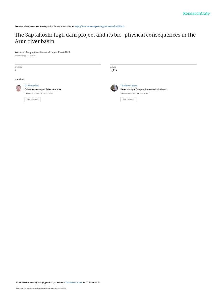 The Saptakoshi High Dam Project and Its Bio-Physic | PDF | Earth ...