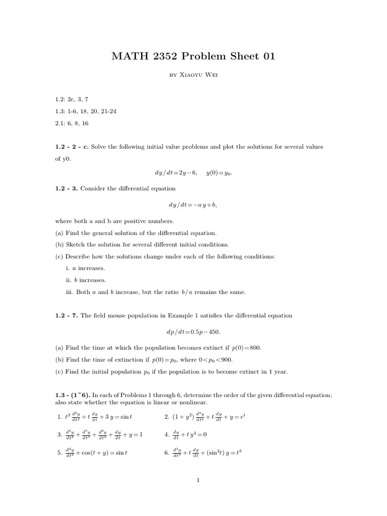 MATH 2352 Differential Equations Problems | PDF | Differential ...