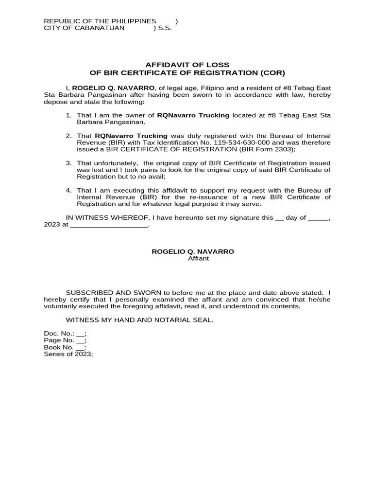 Affidavit of Loss for BIR COR | PDF