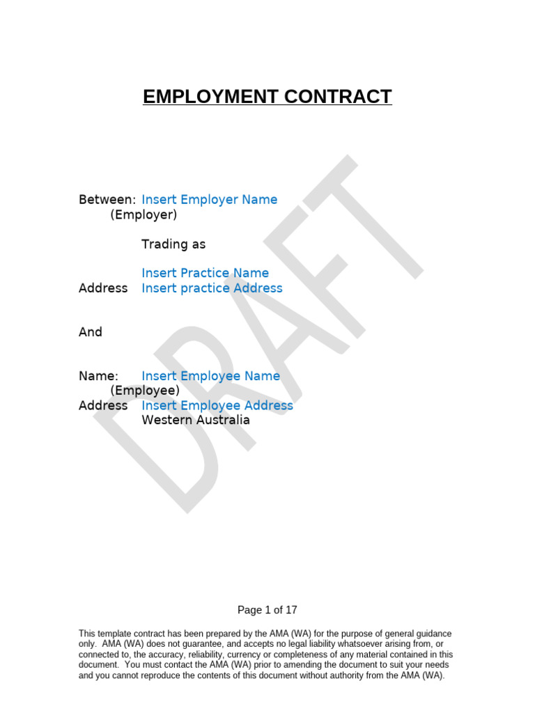 Employment Contract Template WA | PDF | Annual Leave | Parental Leave