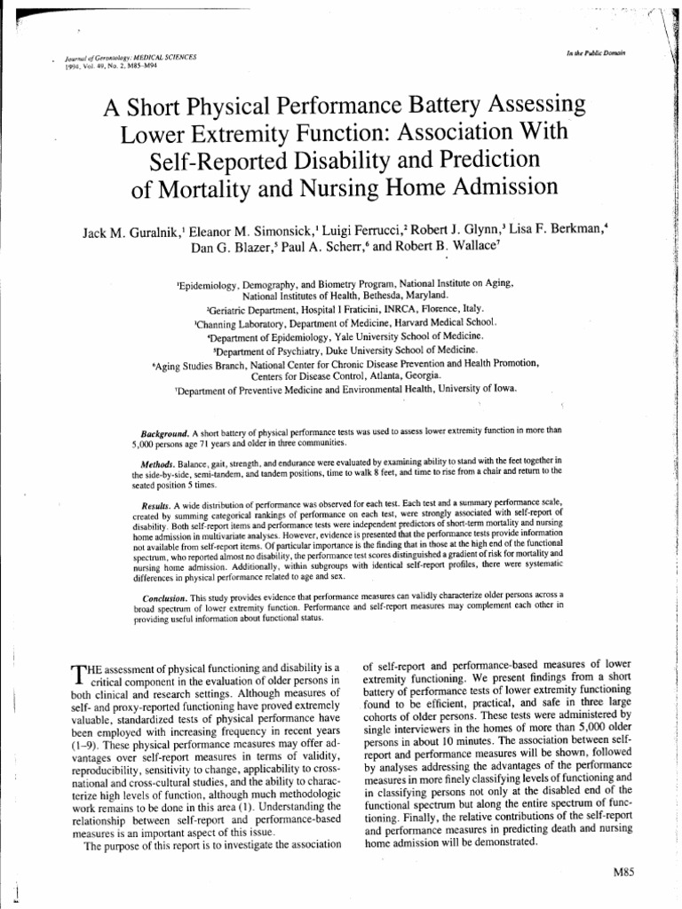A Short Physical Performance Battery Assessing Lower Extremity Function ...