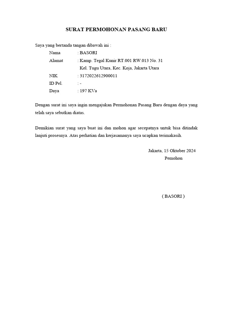 Surat Permohonan Pasang Baru | PDF