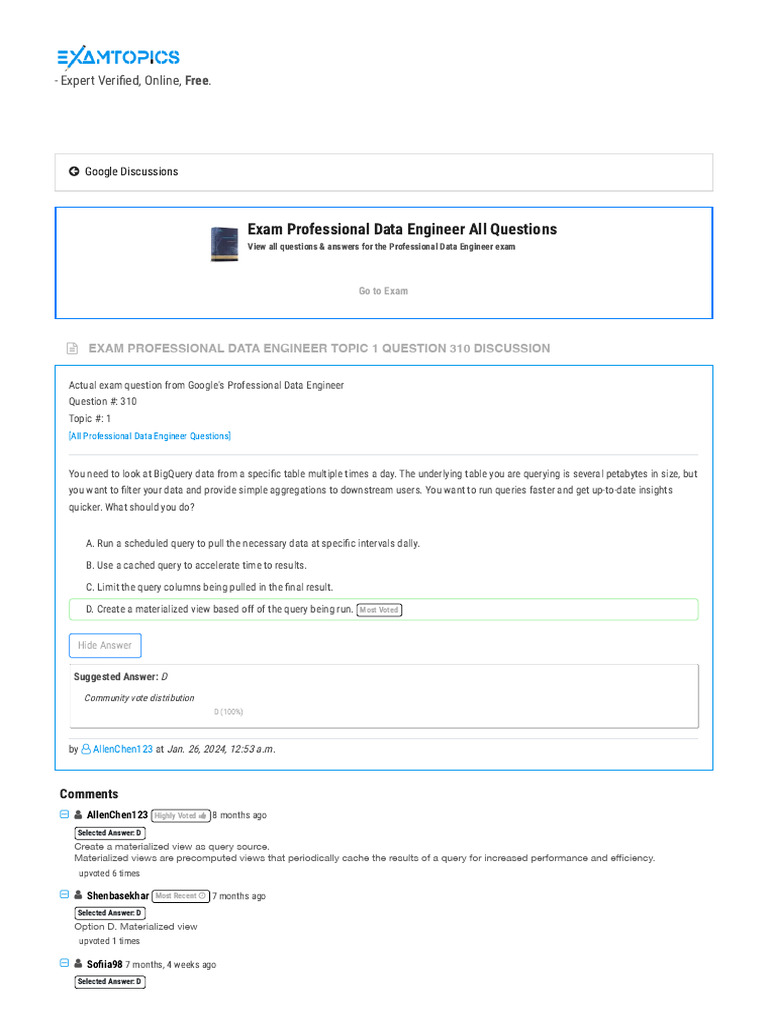 Exam Professional Data Engineer All Questions: - Expert Veri Ed, Online, Free | PDF