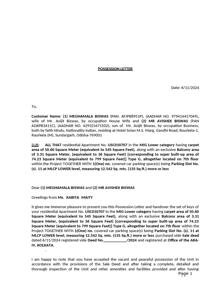 Possession Letter | PDF