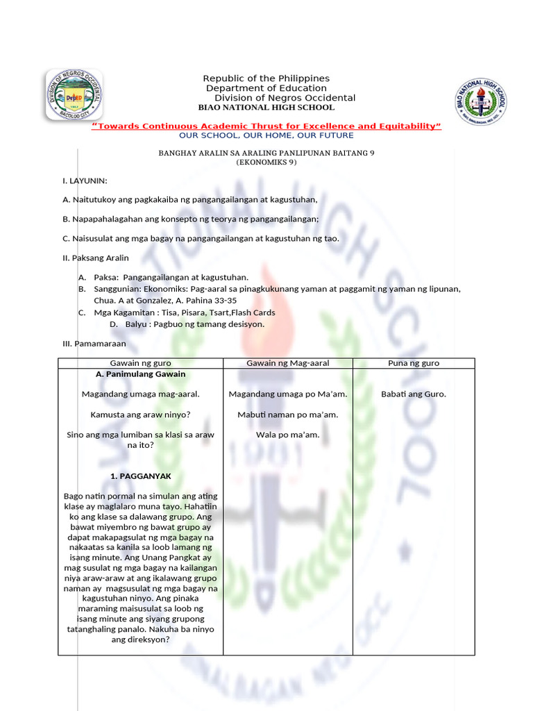 Lesson Plan Pangangailangan at Kagustuhan | PDF